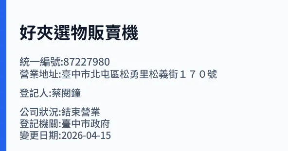好夾選物販賣機的照片-統編 87227980(臺中市) 公司登記資料與營業項目詳細圖表