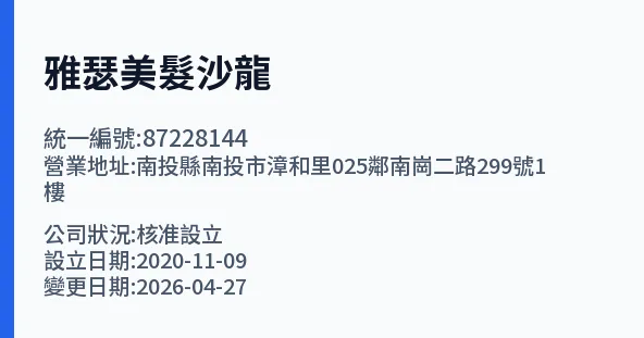 雅瑟美髮沙龍的照片-統編 87228144(南投縣) 公司登記資料與營業項目詳細圖表