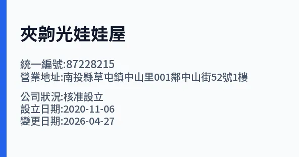 夾齁光娃娃屋的照片-統編 87228215(南投縣) 公司登記資料與營業項目詳細圖表