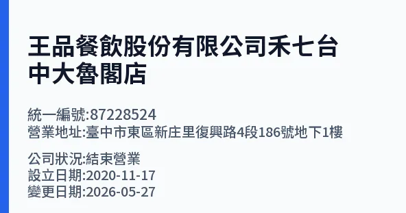 王品餐飲股份有限公司禾七台中大魯閣店的照片-統編 87228524(臺中市) 公司登記資料與營業項目詳細圖表