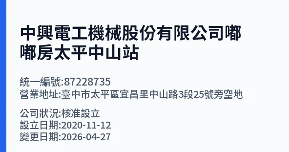 中興電工機械股份有限公司嘟嘟房太平中山站的照片-統編 87228735(臺中市) 公司登記資料與營業項目詳細圖表