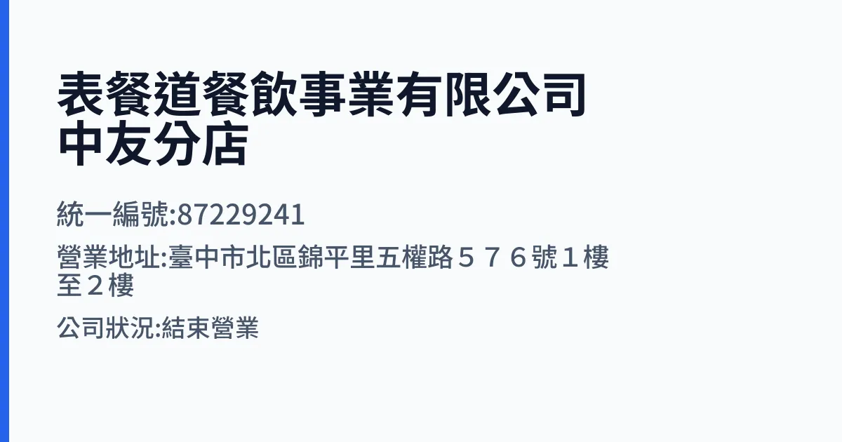表餐道餐飲事業有限公司中友分店 - 統編 87229241(臺中市) 公司登記資料與營業項目詳細圖表