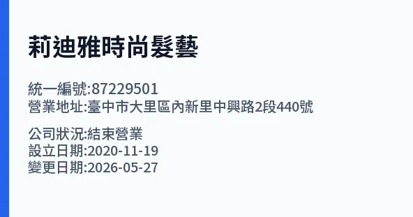 莉迪雅時尚髮藝的照片-統編 87229501(臺中市) 公司登記資料與營業項目詳細圖表