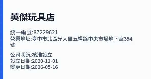 英傑玩具店的照片-統編 87229621(臺中市) 公司登記資料與營業項目詳細圖表
