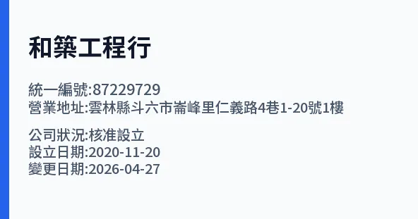 和築工程行的照片-統編 87229729(雲林縣) 公司登記資料與營業項目詳細圖表