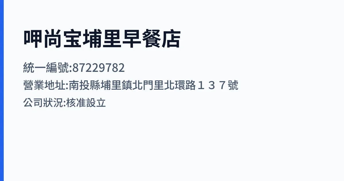 呷尚宝埔里早餐店 - 統編 87229782(南投縣) 公司登記資料與營業項目詳細圖表