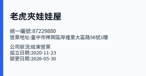 老虎夾娃娃屋的照片-統編 87229880(臺中市) 公司登記資料與營業項目詳細圖表