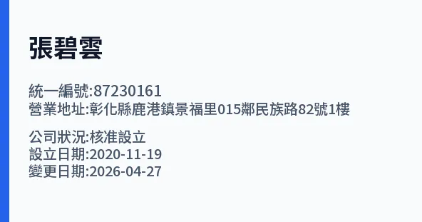 張碧雲的照片-統編 87230161(彰化縣) 公司登記資料與營業項目詳細圖表