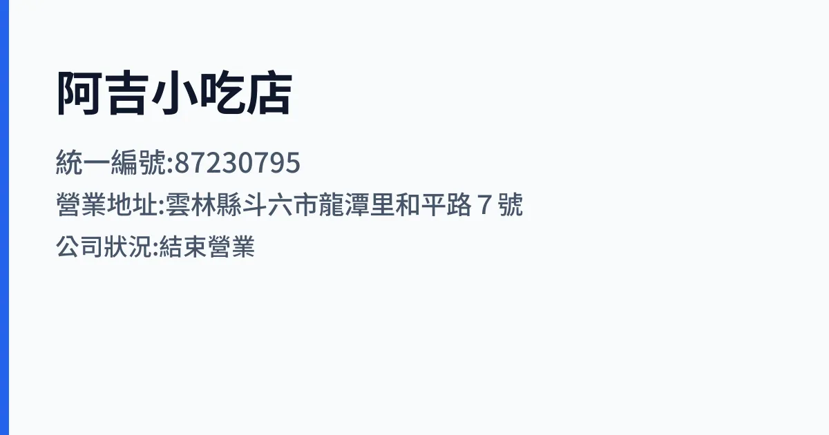 阿吉小吃店 - 統編 87230795(雲林縣) 公司登記資料與營業項目詳細圖表