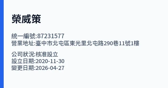 榮威策的照片-統編 87231577(臺中市) 公司登記資料與營業項目詳細圖表