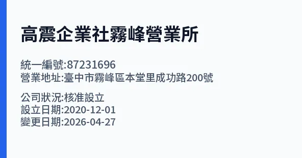 高震企業社霧峰營業所的照片-統編 87231696(臺中市) 公司登記資料與營業項目詳細圖表