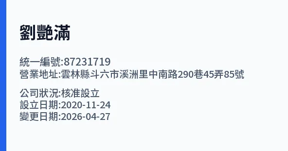 劉艷滿的照片-統編 87231719(雲林縣) 公司登記資料與營業項目詳細圖表