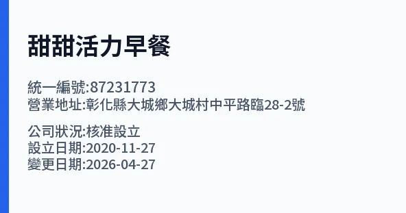 甜甜活力早餐的照片-統編 87231773(彰化縣) 公司登記資料與營業項目詳細圖表