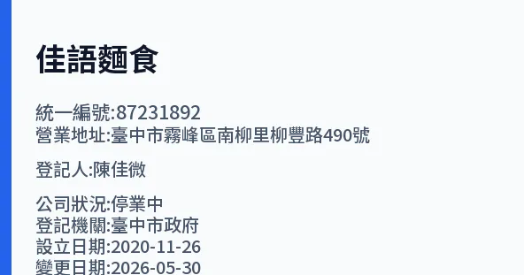 佳語麵食的照片-統編 87231892(臺中市) 公司登記資料與營業項目詳細圖表