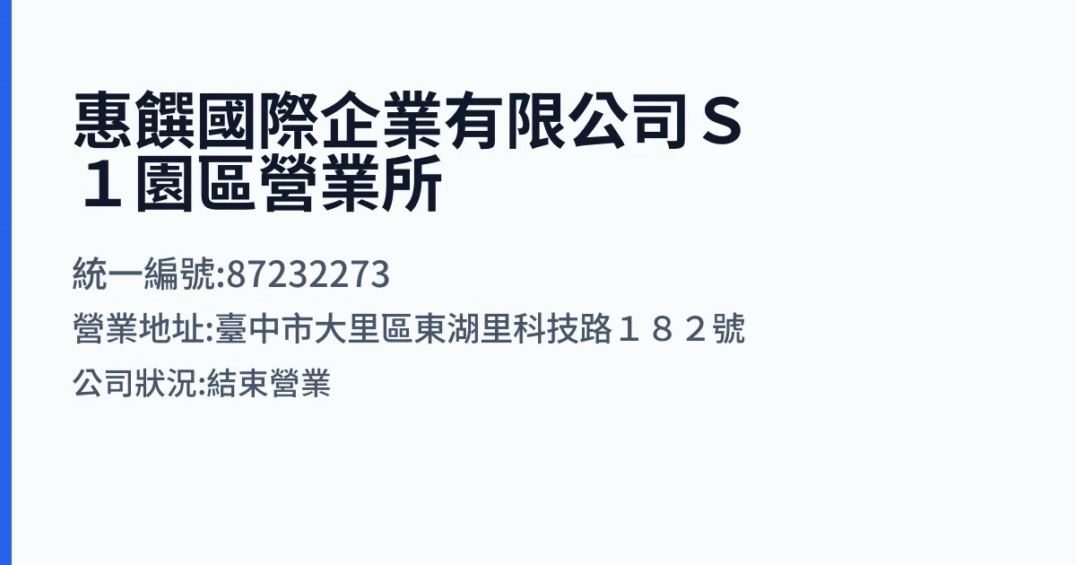 惠饌國際企業有限公司Ｓ１園區營業所 - 統編 87232273(臺中市) 公司登記資料與營業項目詳細圖表