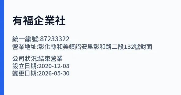有福企業社的照片-統編 87233322(彰化縣) 公司登記資料與營業項目詳細圖表