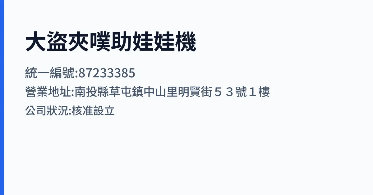 大盜夾噗助娃娃機 - 統編 87233385（南投縣） 公司登記資料與營業項目詳細圖表