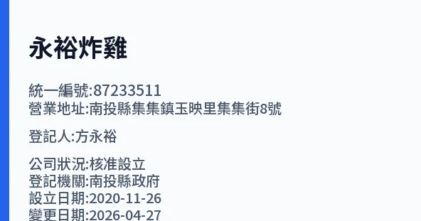 永裕炸雞的照片-統編 87233511(南投縣) 公司登記資料與營業項目詳細圖表