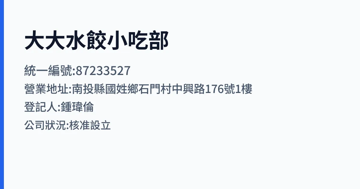大大水餃小吃部 - 統編 87233527(南投縣) 公司登記資料與營業項目詳細圖表