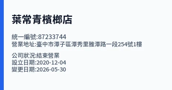 葉常青檳榔店的照片-統編 87233744(臺中市) 公司登記資料與營業項目詳細圖表
