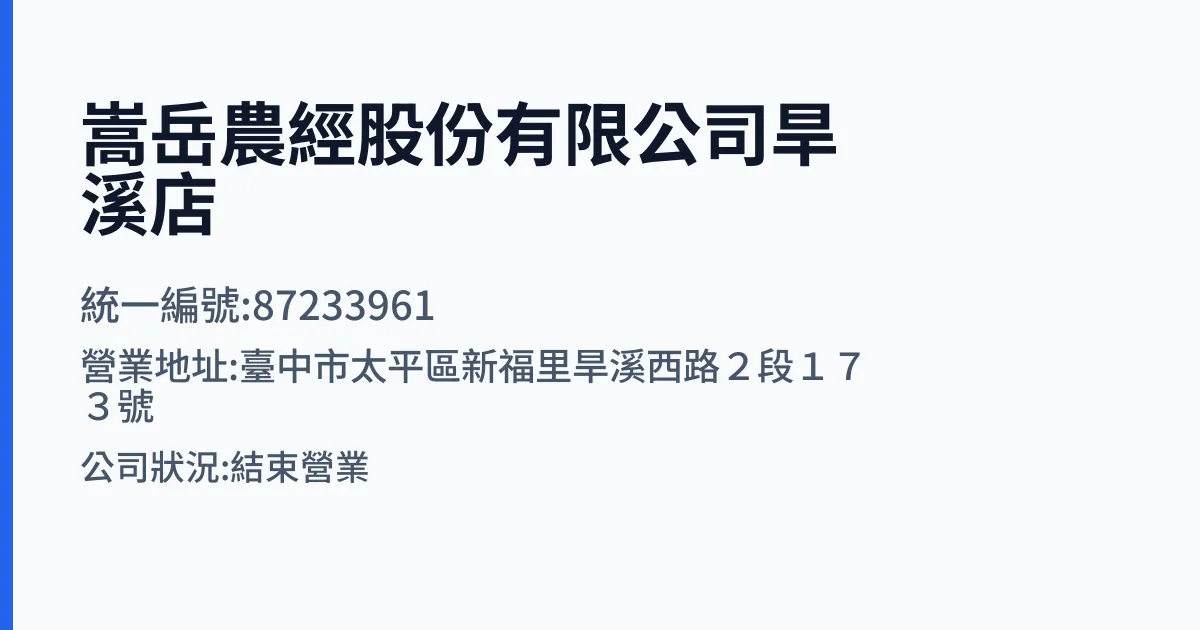 嵩岳農經股份有限公司旱溪店 - 統編 87233961(臺中市) 公司登記資料與營業項目詳細圖表