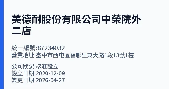 美德耐股份有限公司中榮院外二店的照片-統編 87234032(臺中市) 公司登記資料與營業項目詳細圖表