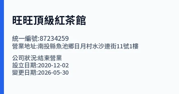 旺旺頂級紅茶館的照片-統編 87234259(南投縣) 公司登記資料與營業項目詳細圖表
