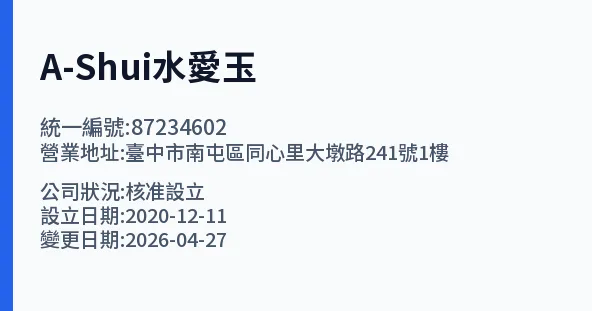 A-Shui水愛玉的照片-統編 87234602(臺中市) 公司登記資料與營業項目詳細圖表