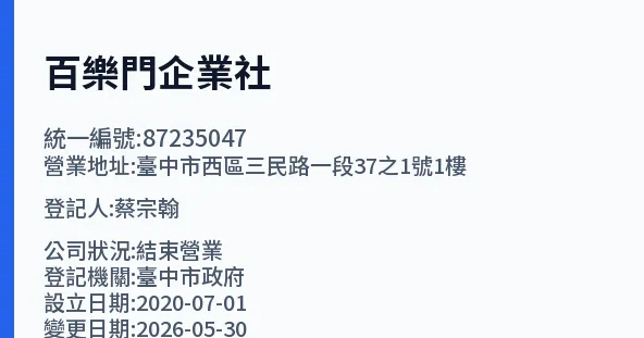 百樂門企業社的照片-統編 87235047(臺中市) 公司登記資料與營業項目詳細圖表
