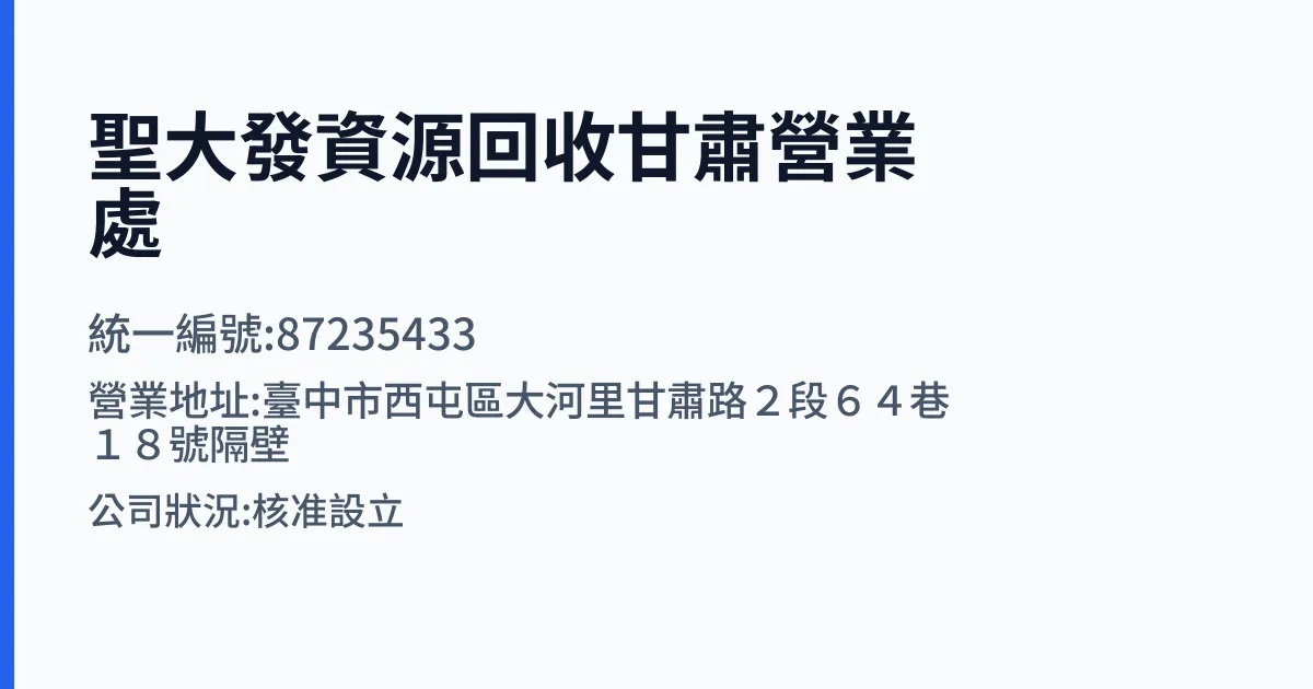 聖大發資源回收甘肅營業處 - 統編 87235433(臺中市) 公司登記資料與營業項目詳細圖表
