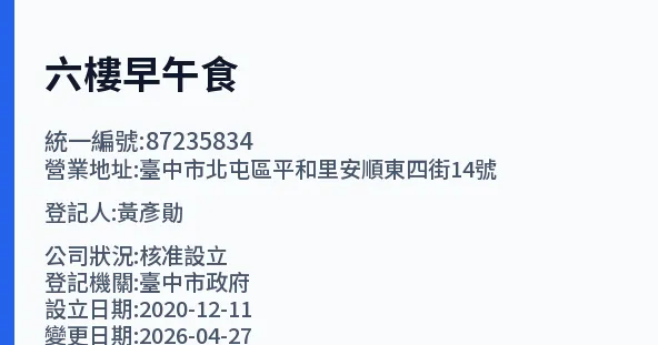 六樓早午食的照片-統編 87235834(臺中市) 公司登記資料與營業項目詳細圖表
