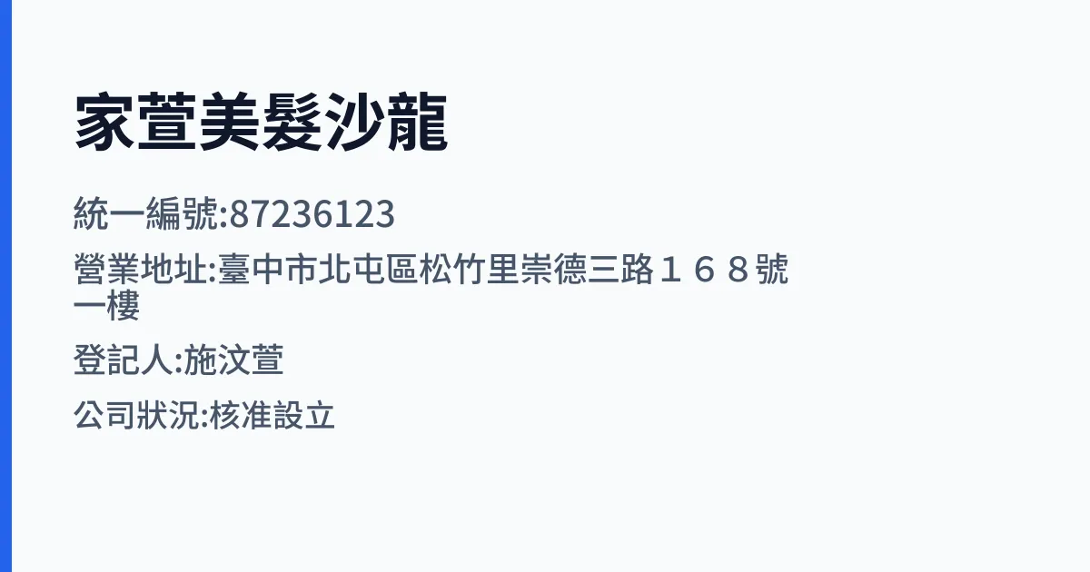 家萱美髮沙龍 - 統編 87236123（臺中市） 公司登記資料與營業項目詳細圖表