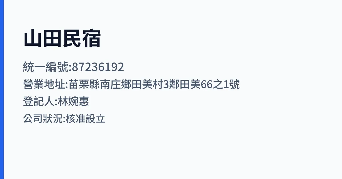 山田民宿 - 統編 87236192(苗栗縣) 公司登記資料與營業項目詳細圖表