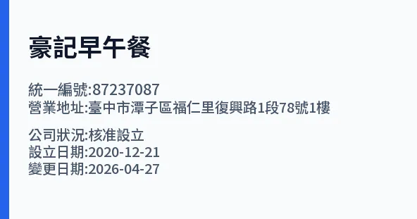 豪記早午餐的照片-統編 87237087(臺中市) 公司登記資料與營業項目詳細圖表