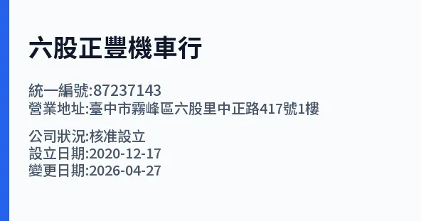 六股正豐機車行的照片-統編 87237143(臺中市) 公司登記資料與營業項目詳細圖表