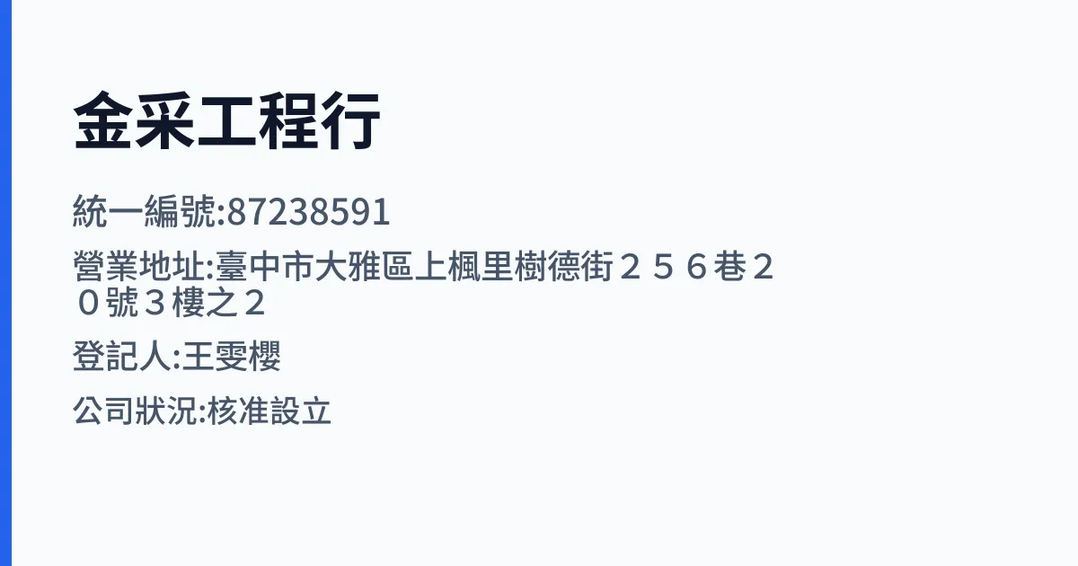 金采工程行 - 統編 87238591(臺中市) 公司登記資料與營業項目詳細圖表