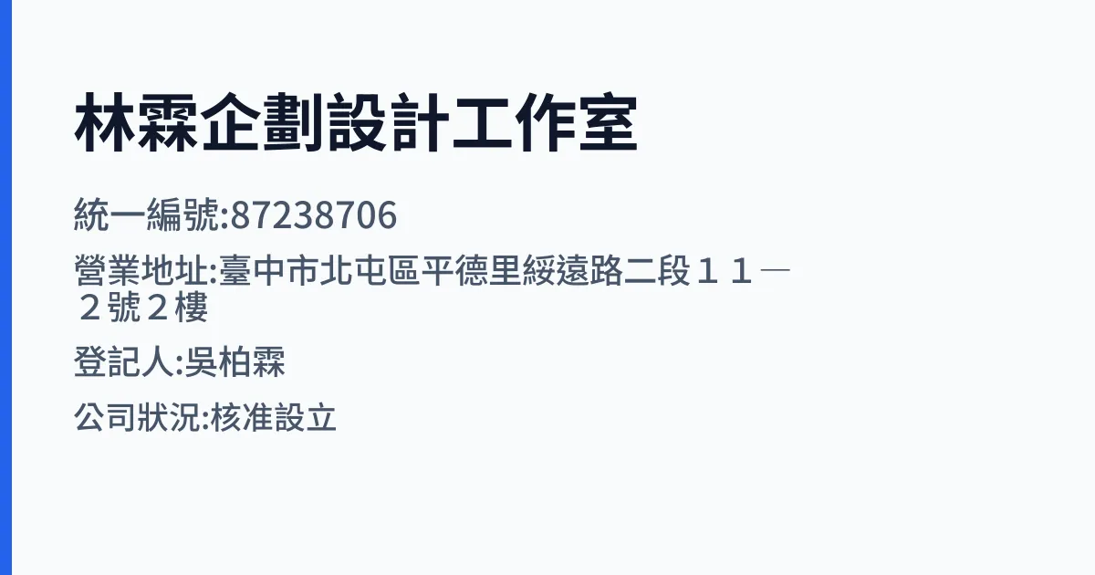 林霖企劃設計工作室 - 統編 87238706(臺中市) 公司登記資料與營業項目詳細圖表