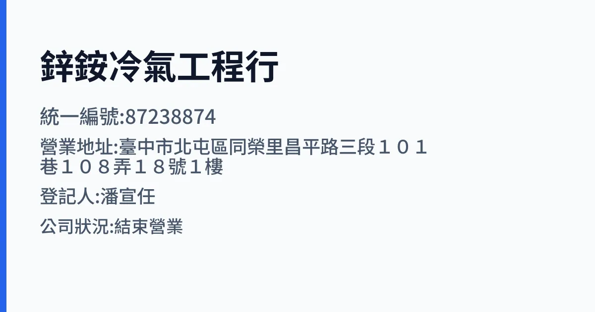 鋅銨冷氣工程行 - 統編 87238874(臺中市) 公司登記資料與營業項目詳細圖表