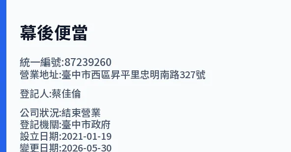 幕後便當的照片-統編 87239260(臺中市) 公司登記資料與營業項目詳細圖表