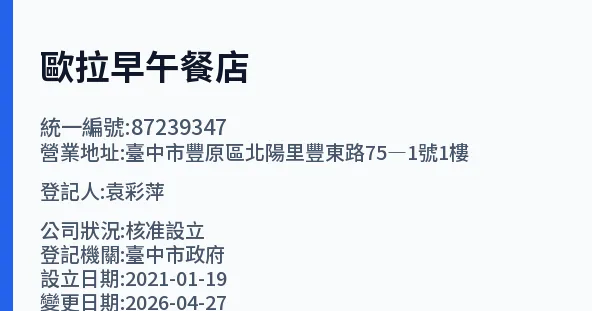 歐拉早午餐店的照片-統編 87239347(臺中市) 公司登記資料與營業項目詳細圖表