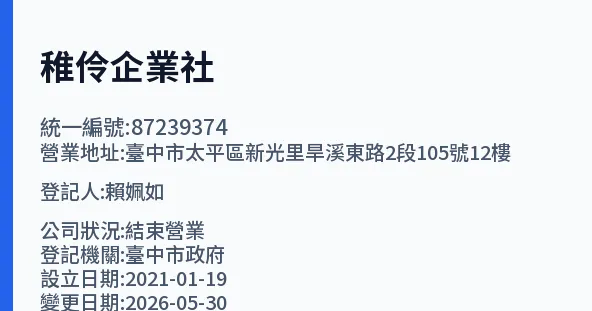 稚伶企業社的照片-統編 87239374(臺中市) 公司登記資料與營業項目詳細圖表