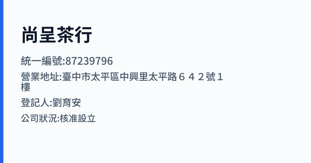尚呈茶行 - 統編 87239796(臺中市) 公司登記資料與營業項目詳細圖表