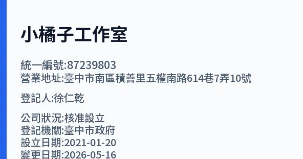 小橘子工作室的照片-統編 87239803(臺中市) 公司登記資料與營業項目詳細圖表