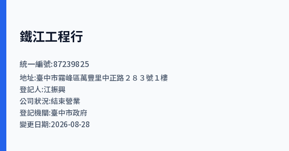 鐵江工程行的照片-統編 87239825(臺中市) 公司登記資料與營業項目詳細圖表