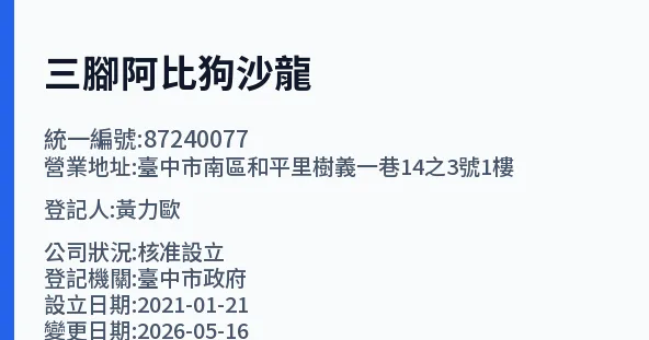 三腳阿比狗沙龍的照片-統編 87240077(臺中市) 公司登記資料與營業項目詳細圖表