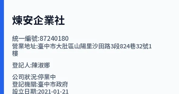 煉安企業社的照片-統編 87240180(臺中市) 公司登記資料與營業項目詳細圖表