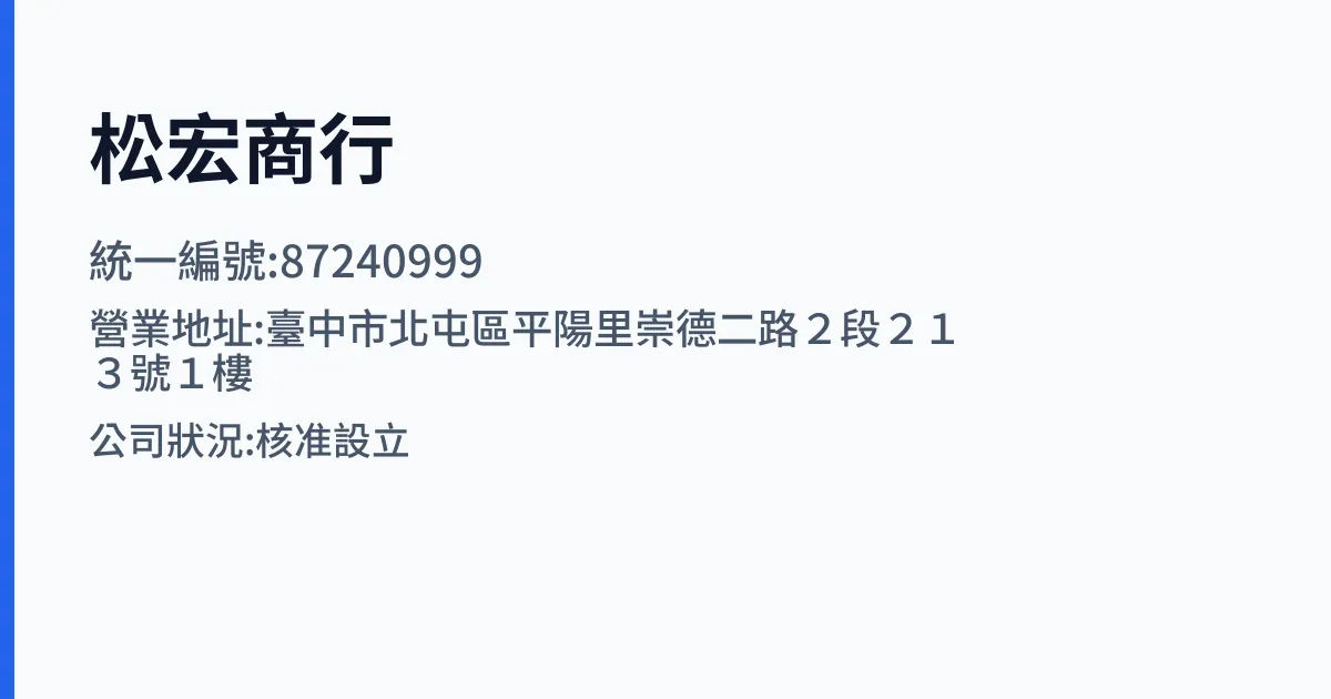 松宏商行 - 統編 87240999(臺中市) 公司登記資料與營業項目詳細圖表