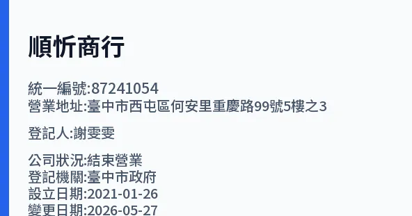 順忻商行的照片-統編 87241054(臺中市) 公司登記資料與營業項目詳細圖表