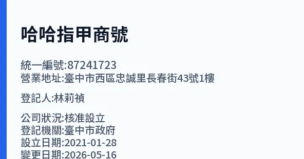 哈哈指甲商號的照片-統編 87241723(臺中市) 公司登記資料與營業項目詳細圖表