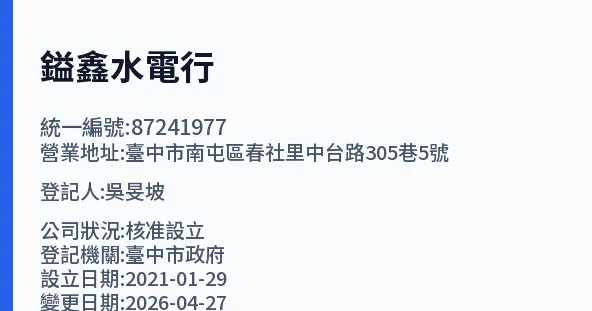 鎰鑫水電行的照片-統編 87241977(臺中市) 公司登記資料與營業項目詳細圖表
